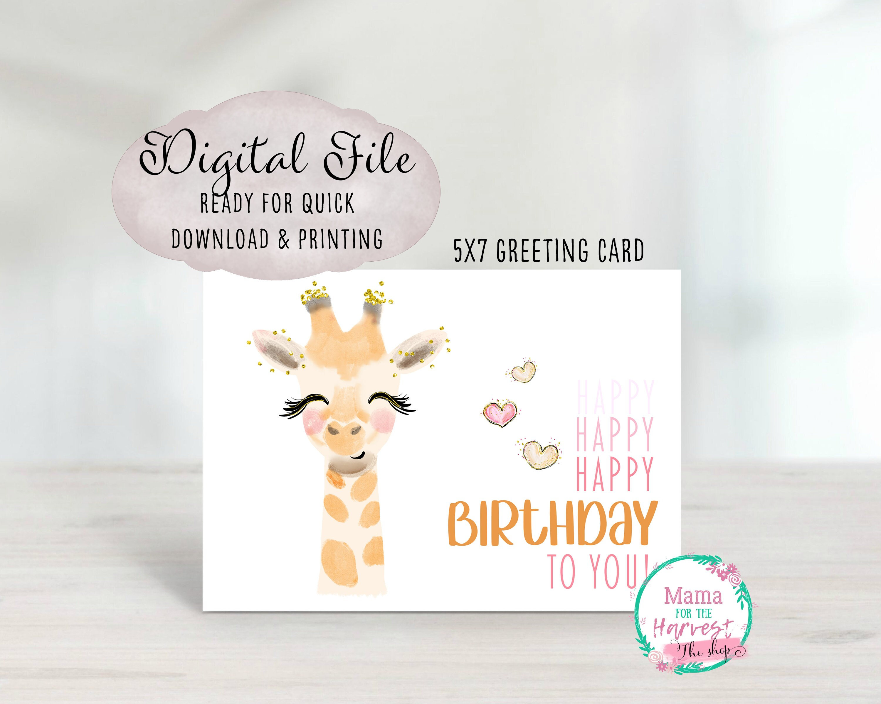 Giraffe Birthday Card Printable, 1st Birthday Card for Girls, Giraffe ...