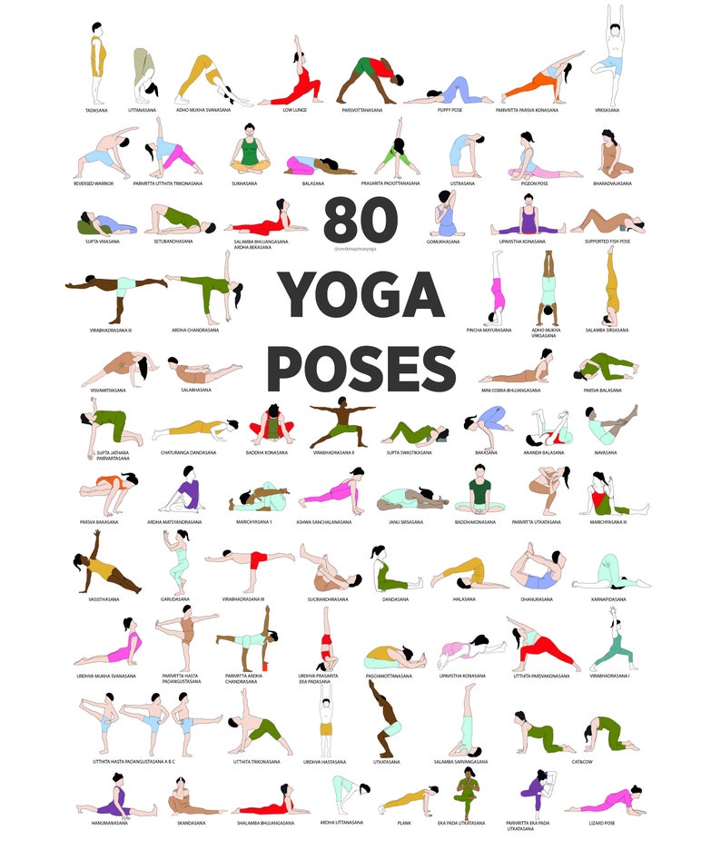 80 YOGA POSES Poster. Printable Yoga Poster Sanskrit Names - Etsy