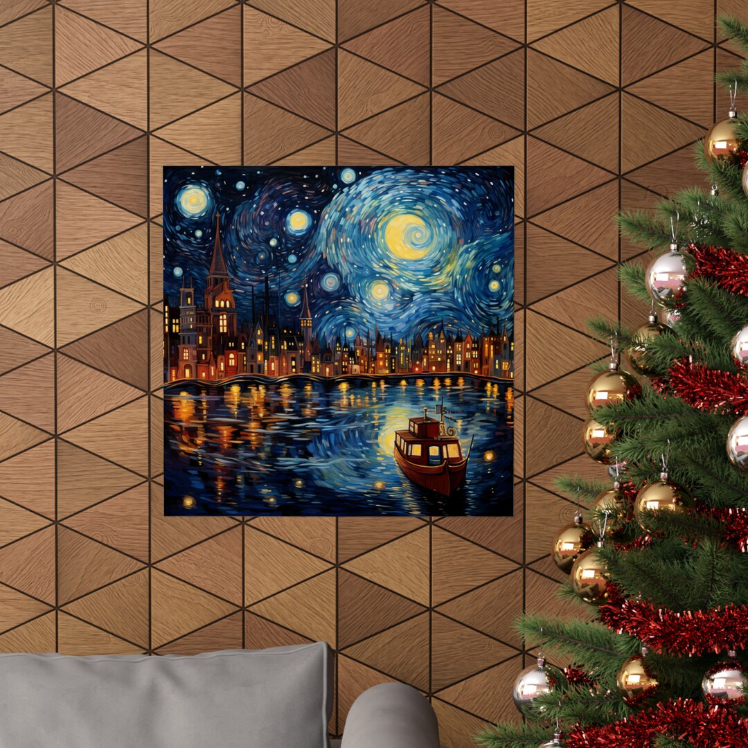 Post Impressionist Night City View From the Lake // Boat on the Lake ...