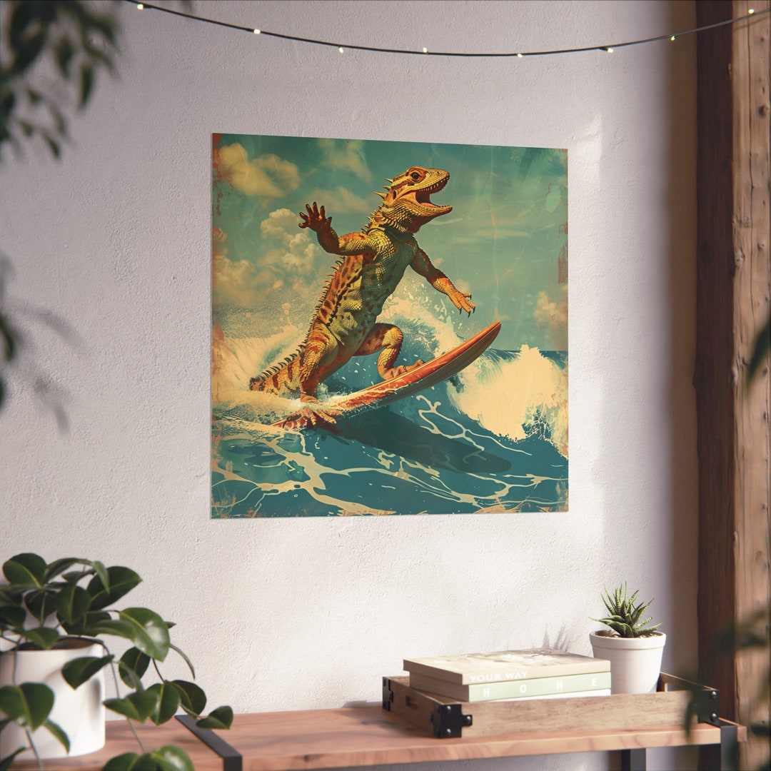 Vintage Bearded Dragon Surfing A Wave // Beard Dragon Lovers Poster ...