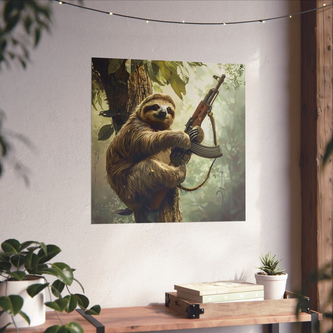 Army Sloth Poster // Sloth Hanging on a Tree Wall Art // Giant Sloth ...
