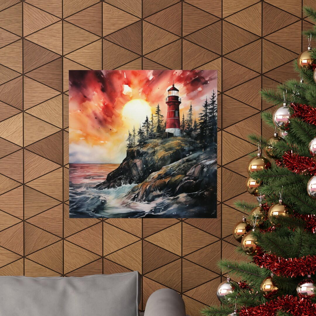 Watercolor Lighthouse Sunrise Poster // Sunrise on Lake Poster ...