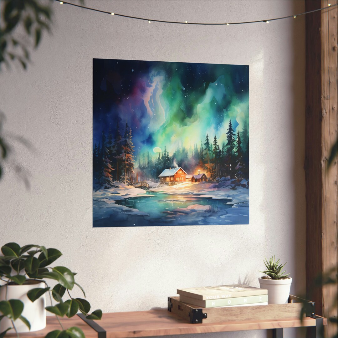 Watercolor Northern Lights Cabin at Night Poster // Christmas Snowscape Poster//trippy Poster ...