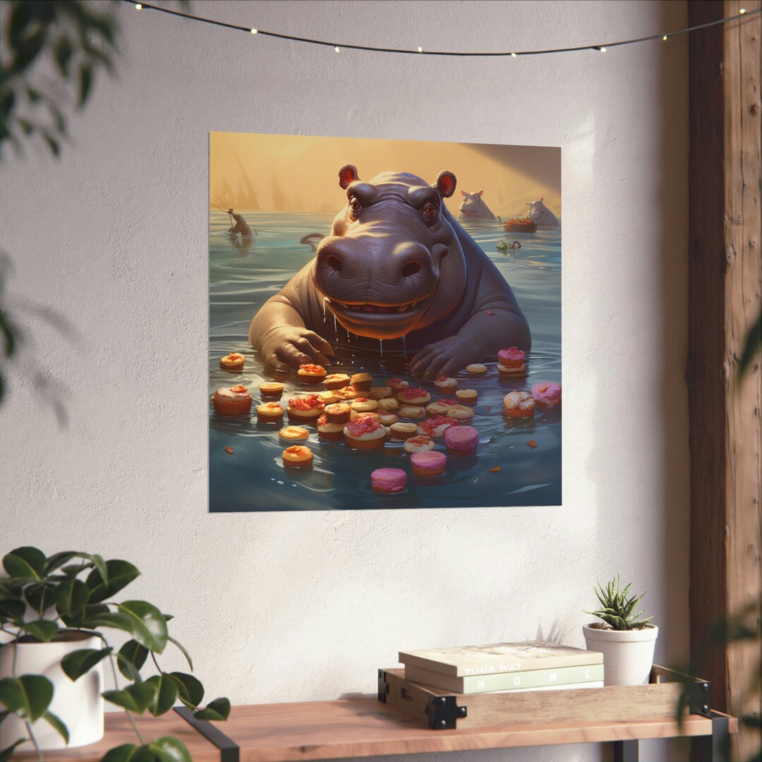 Hungry Hippo Eating Sweets Poster // Hippo Lovers Art // African Water ...
