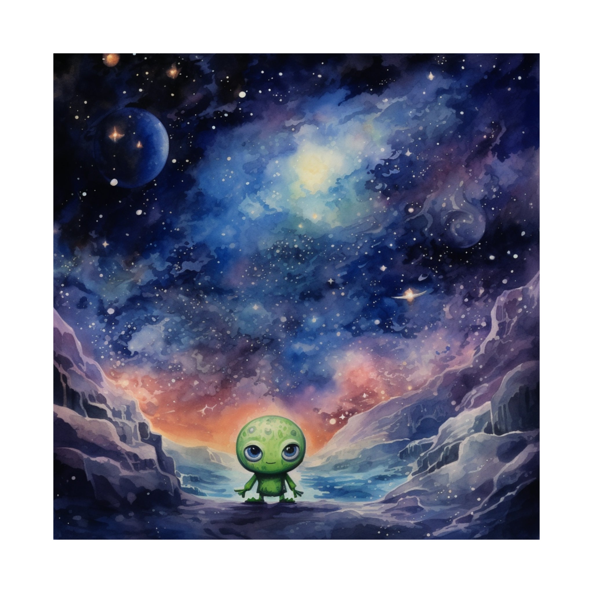 Watercolor Cosmos With Alien Poster // Space Landscape Poster ...