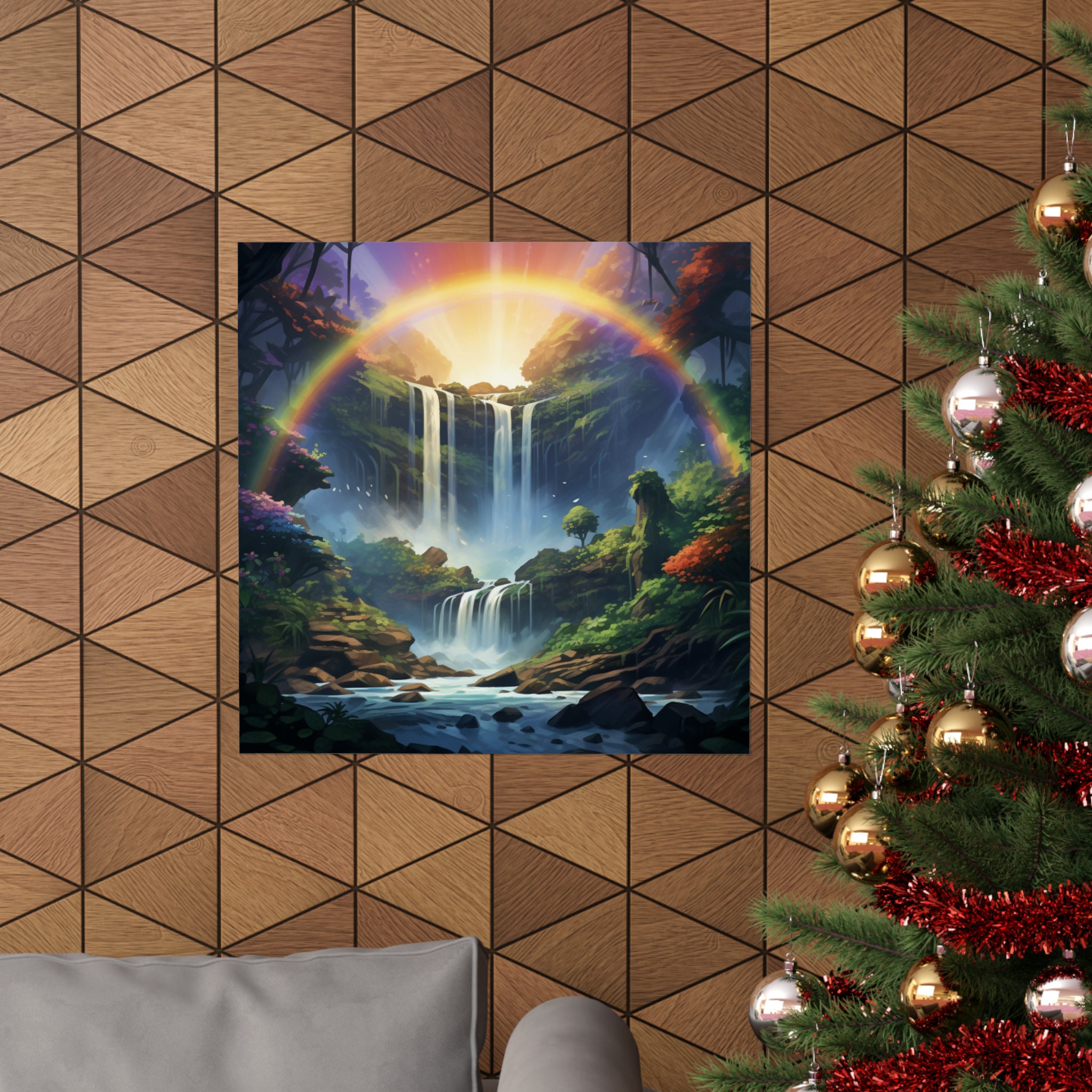 Cartoon Rainbow Waterfall Paradise Poster // Sun Landscape Poster ...