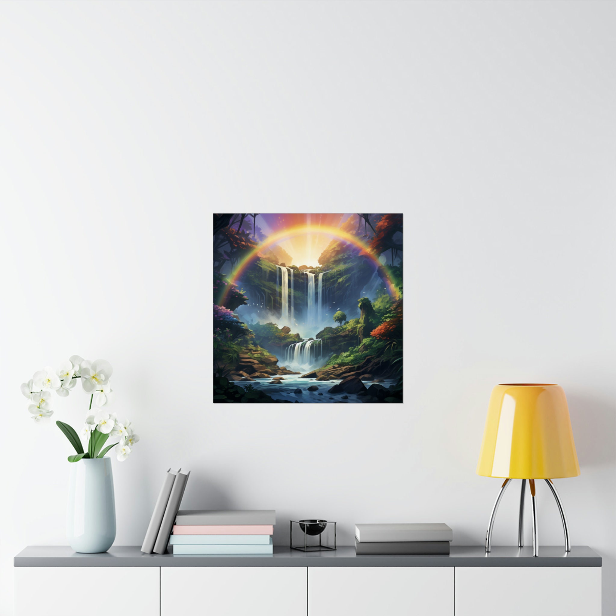 Cartoon Rainbow Waterfall Paradise Poster // Sun Landscape Poster ...