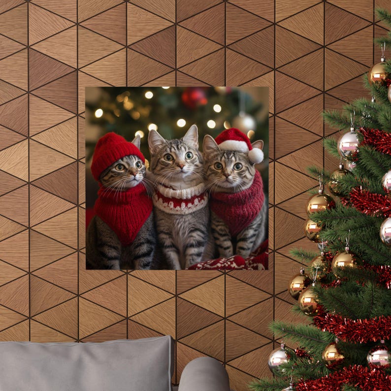 Christmas Kitties Poster // Holiday Cat Wall Art // Matte Family Kitten ...