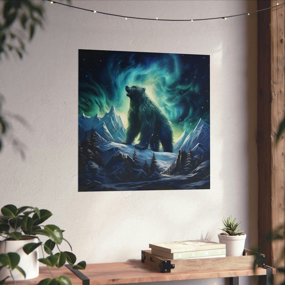 Northern Lights Bear Poster // Snowscape Poster // Midnight Bear Poster ...