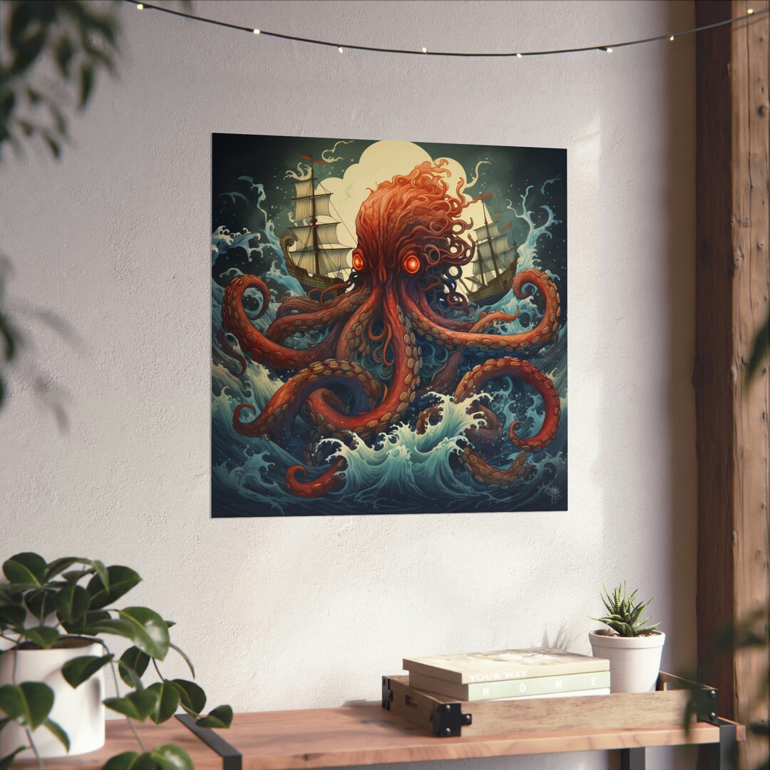 Moonlit Kraken Poster // Kraken Lovers Poster // Pirate Ships and ...