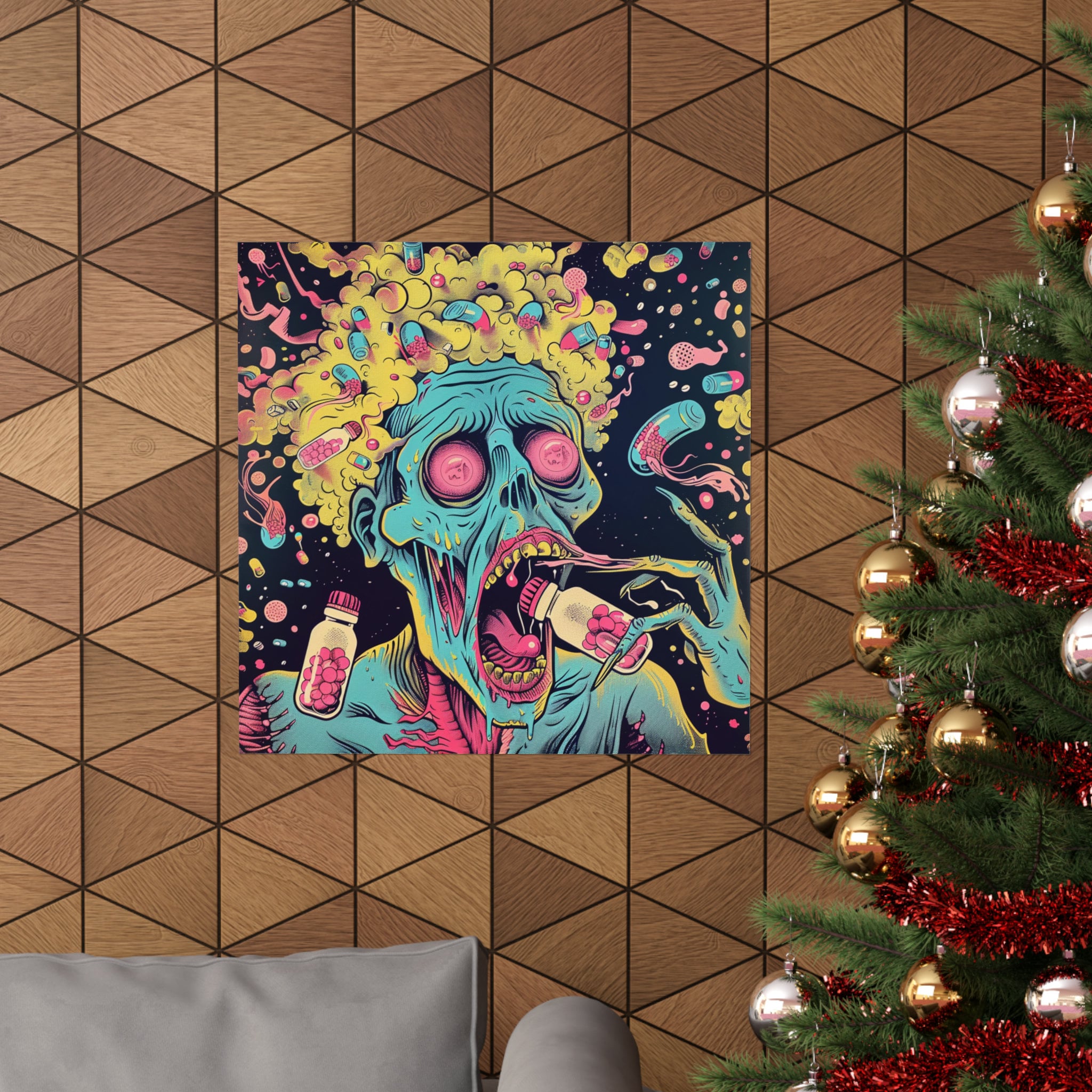 Zombie Poppin' Pills Poster // Zombie Trippy Retro Wall Art // Zombie ...