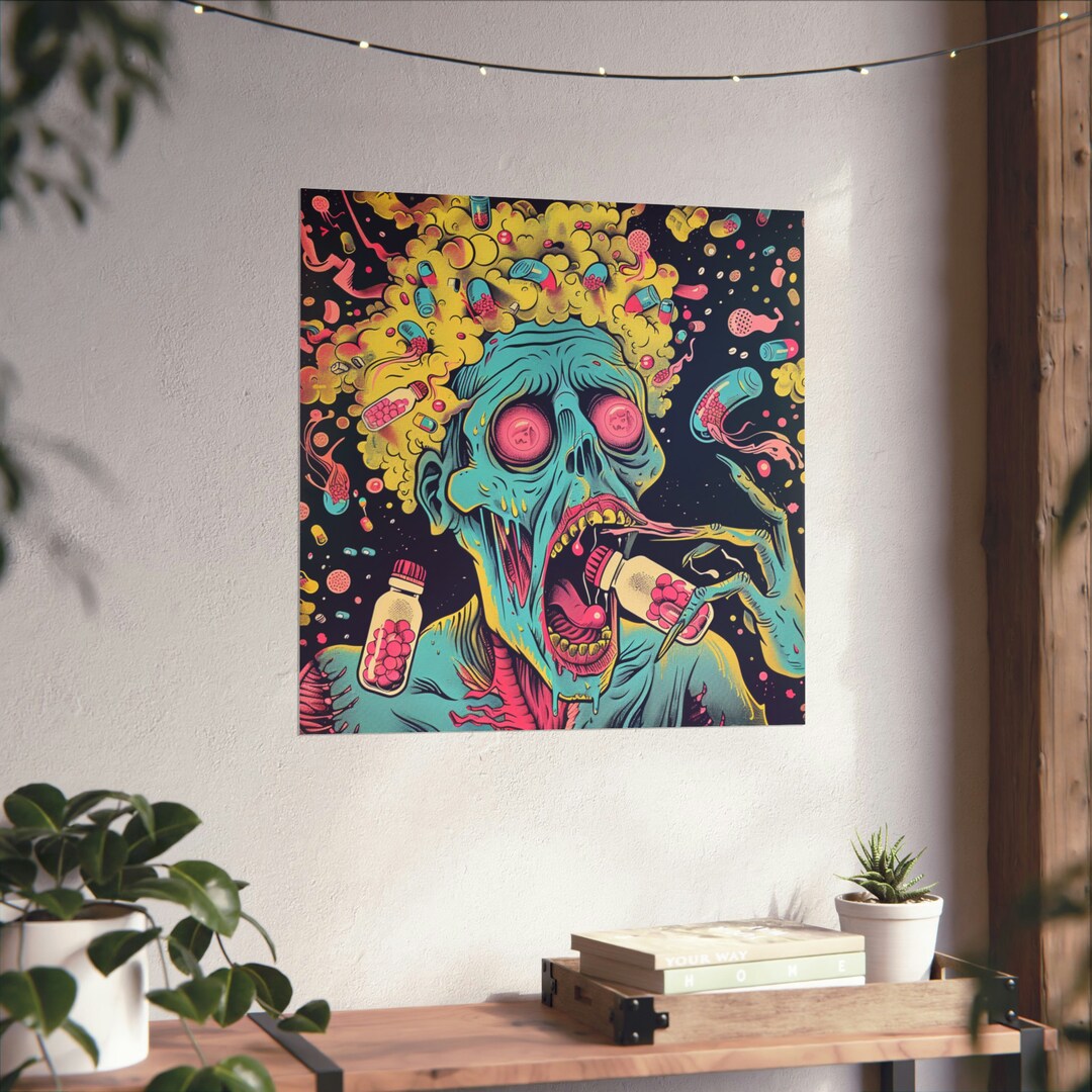 Zombie Poppin' Pills Poster // Zombie Trippy Retro Wall Art // Zombie ...