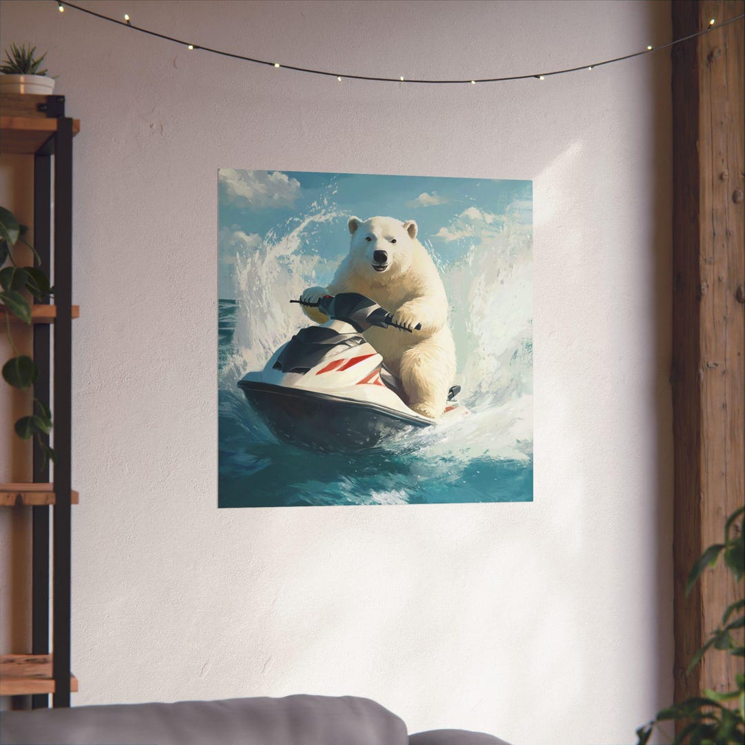 Polar Bear Riding Jet Ski Poster // Summer Water Sport Matte Print ...