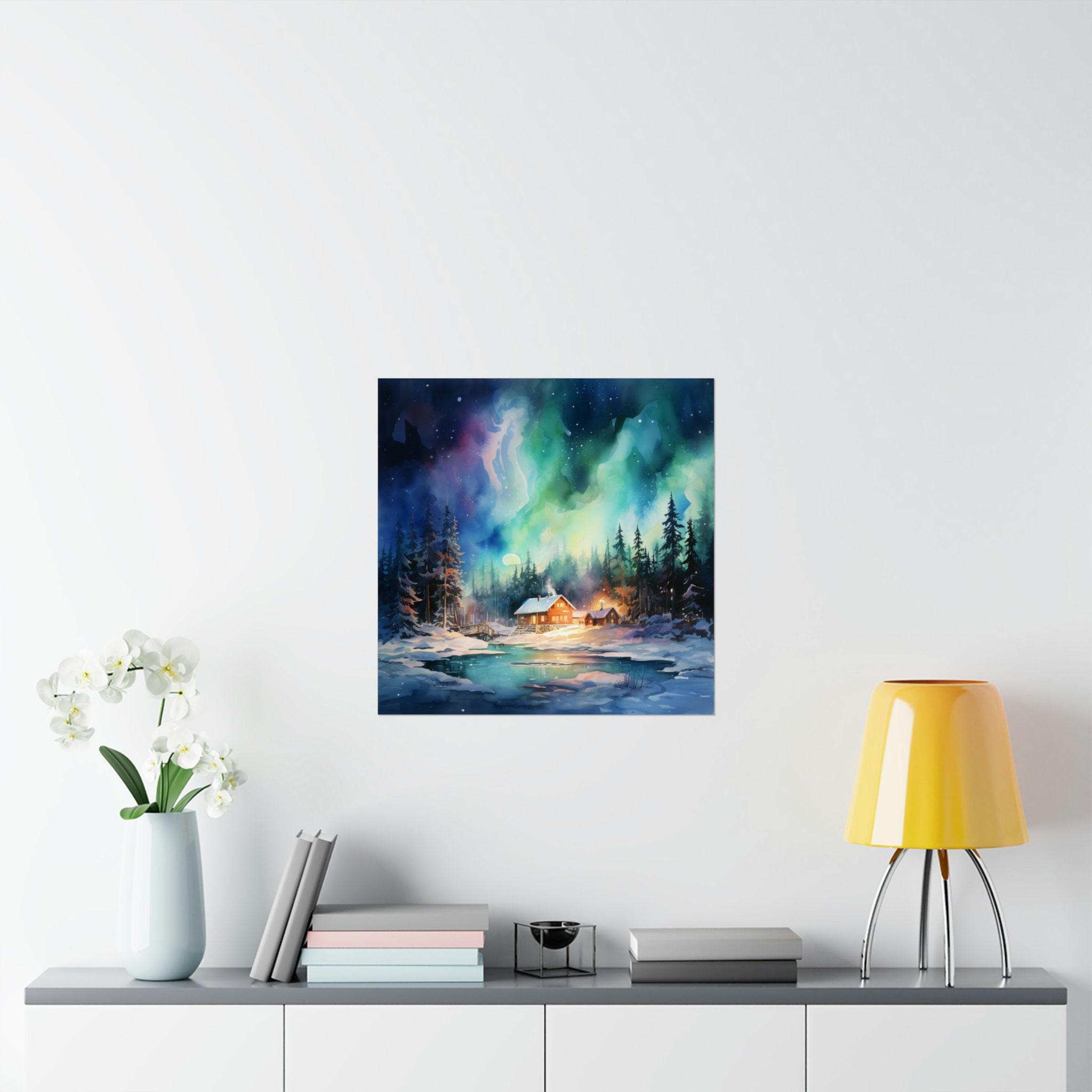 Watercolor Northern Lights Cabin at Night Poster // Christmas Snowscape Poster//trippy Poster ...