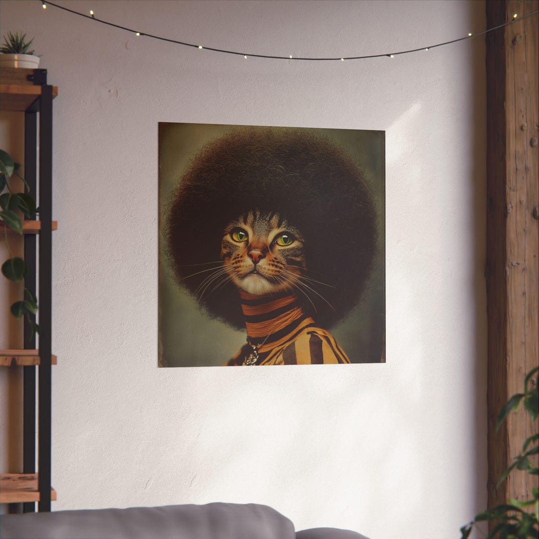 Funky Afro Cat Wall Art // Retro Home Decor // Matte Vertical Posters ...