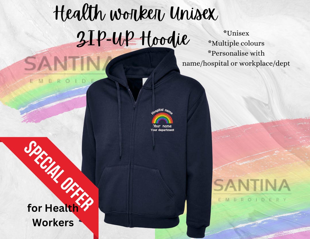 Personalised Rainbow Healthcare Worker Logo Zip up UNISEX Hoodie ...