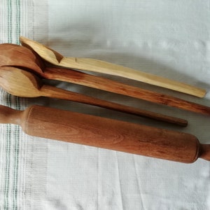 Set of 4 Large Primitive Wooden Kitchen Utensils - Old Kitchen Spoons ...