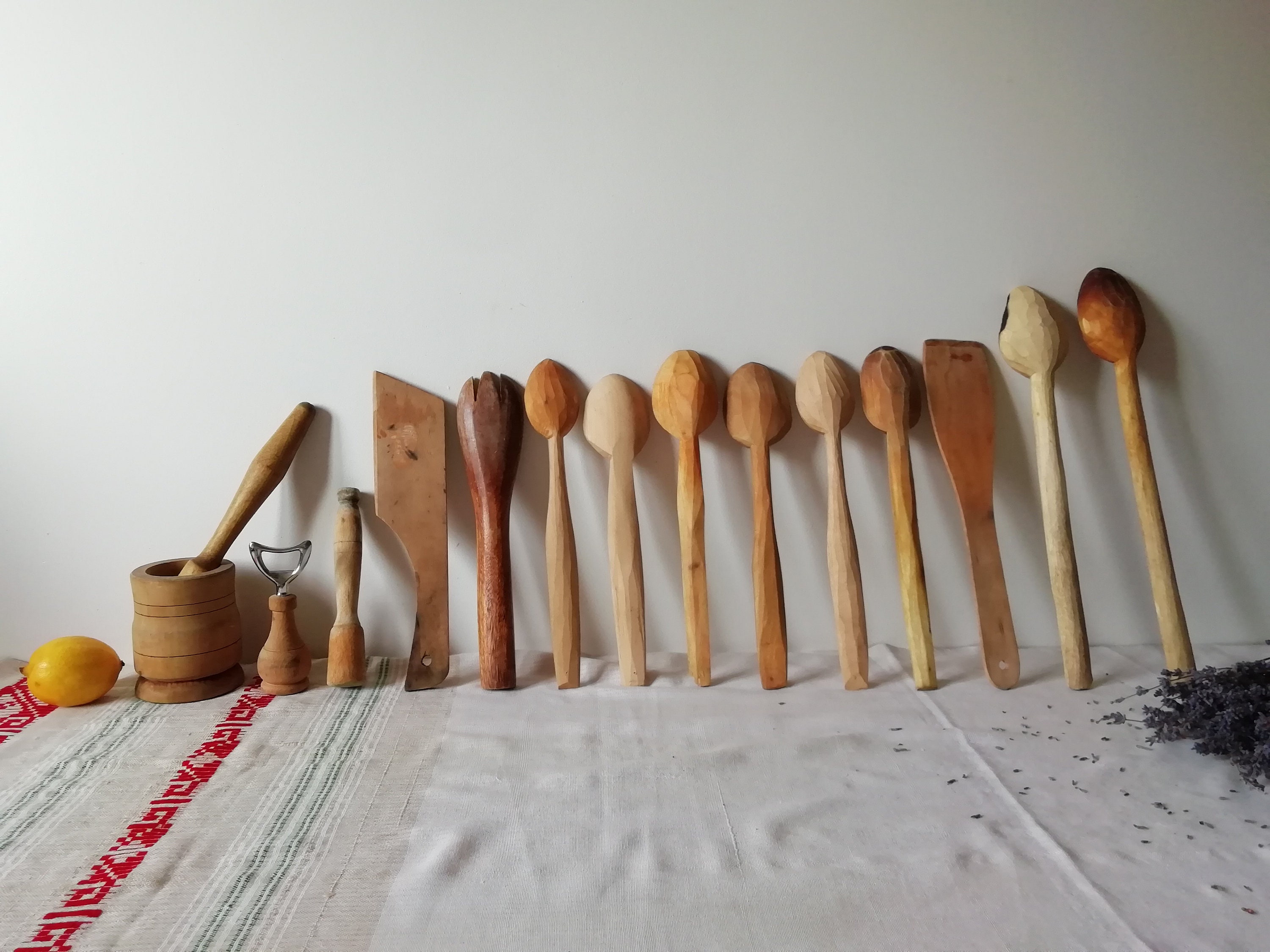 Collection of 14 Vintage Wooden Mixing Utensils Wood Carved Spoons ...