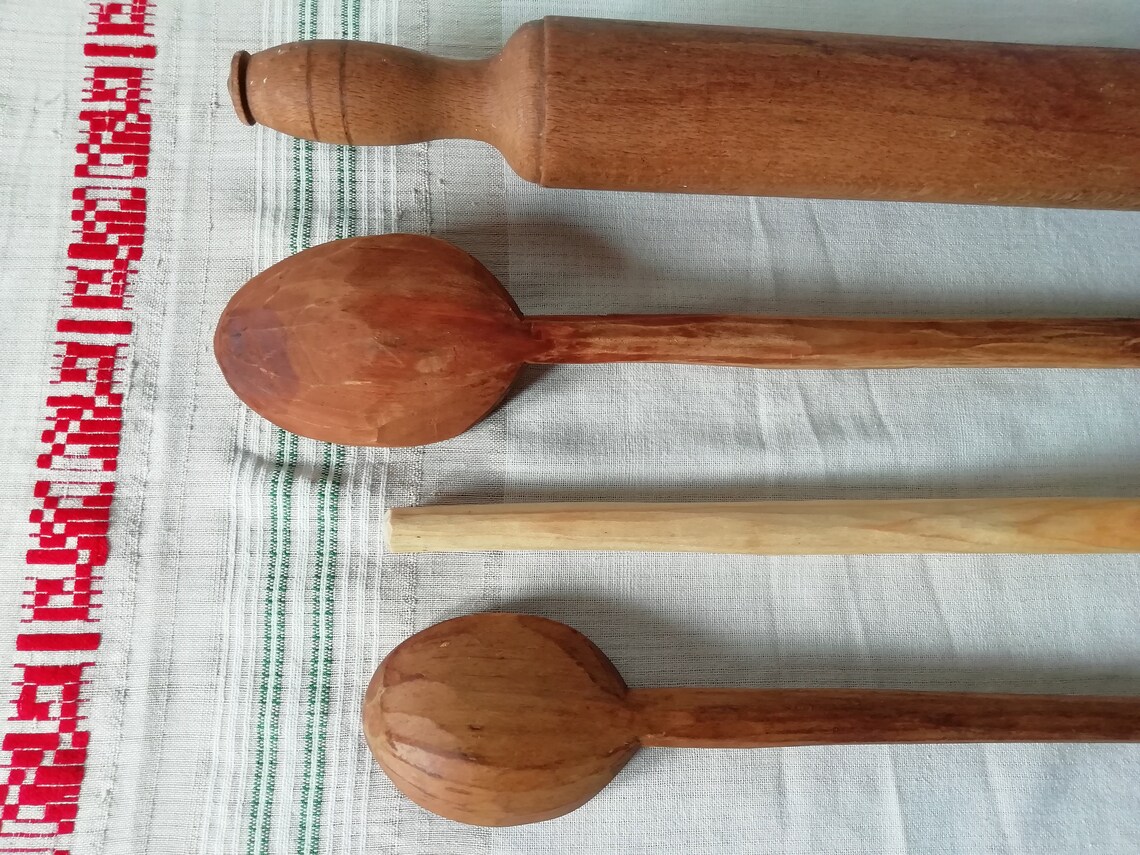 Set of 4 Large Primitive Wooden Kitchen Utensils Old Kitchen - Etsy