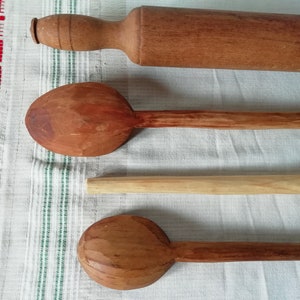 Set of 4 Large Primitive Wooden Kitchen Utensils - Old Kitchen Spoons ...