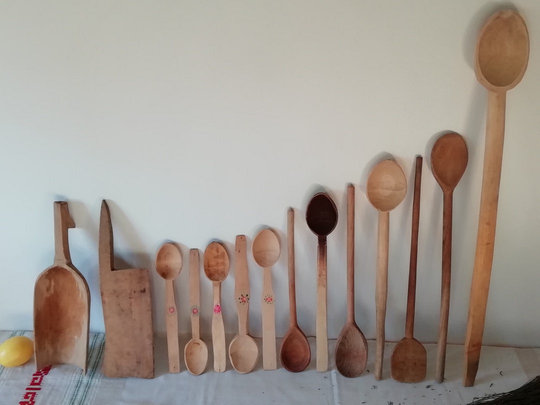 Lot of 14 Wooden Rustic Kitchen Utensils, Romanian Hand Carved Vintage ...