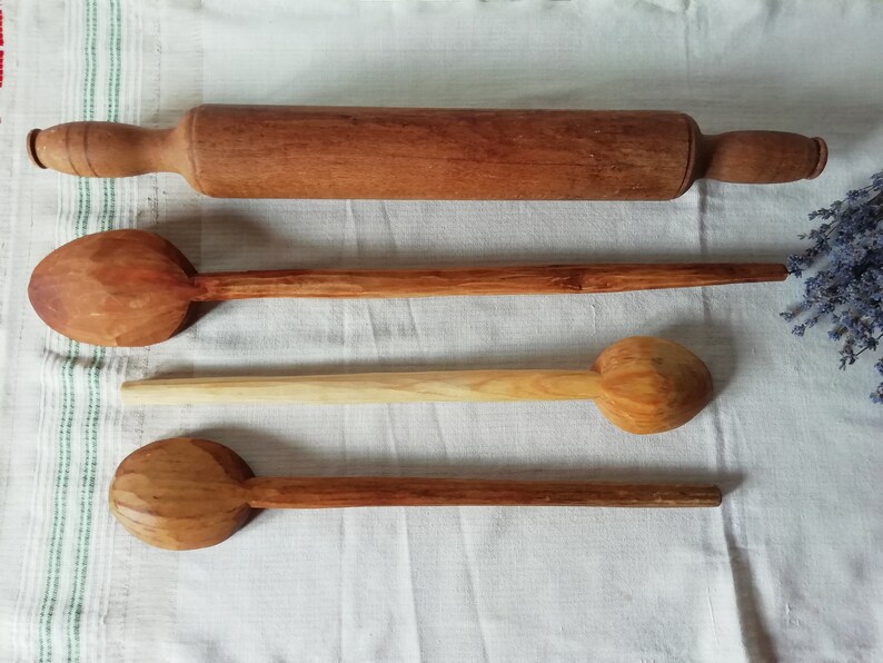 Set of 4 Large Primitive Wooden Kitchen Utensils Old Kitchen - Etsy