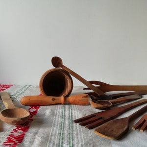 Vintage Wooden Kitchen Utensils Mix of 10, Hand Carved Rustic Spoons ...