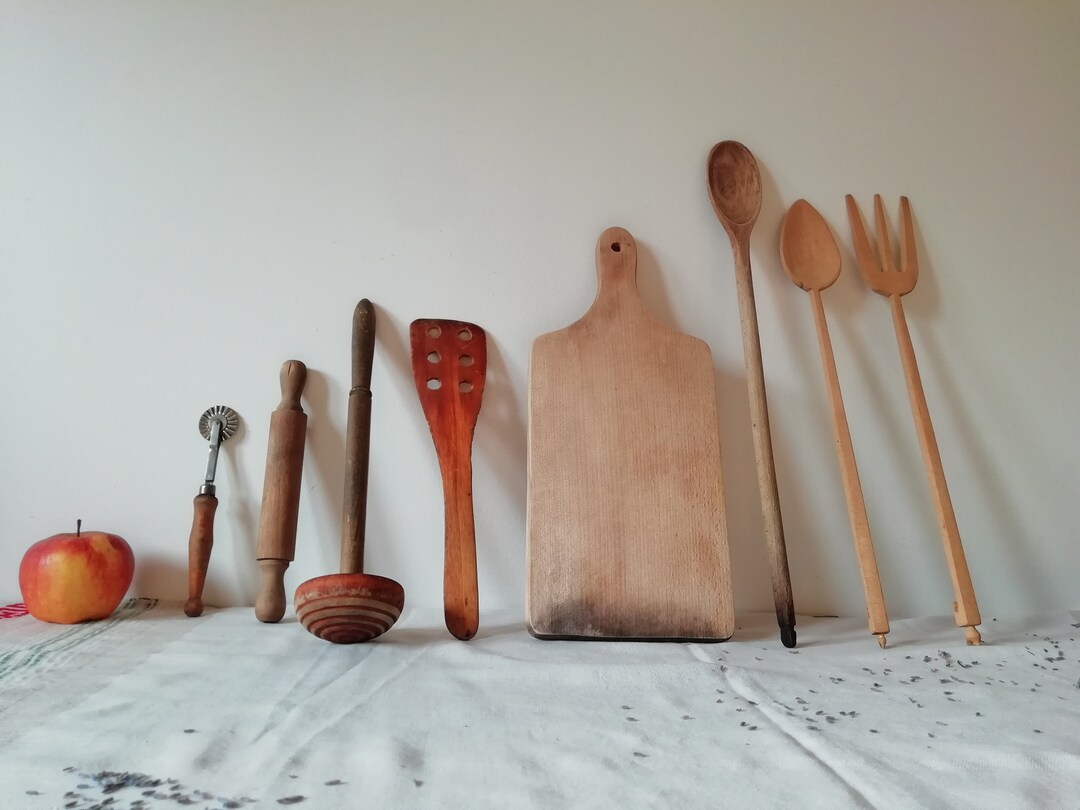 8 Vintage Wooden Rustic Kitchen Utensils: Old Wood Spoons Cutting Board ...