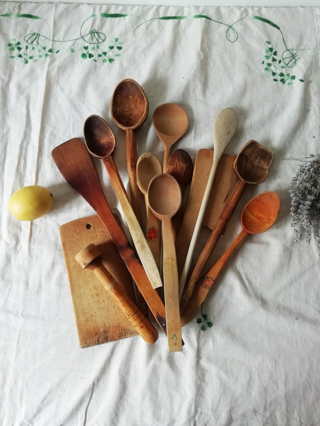 Wooden Rustic Kitchen Utensils Mix of 13, Romanian Hand Carved Vintage ...