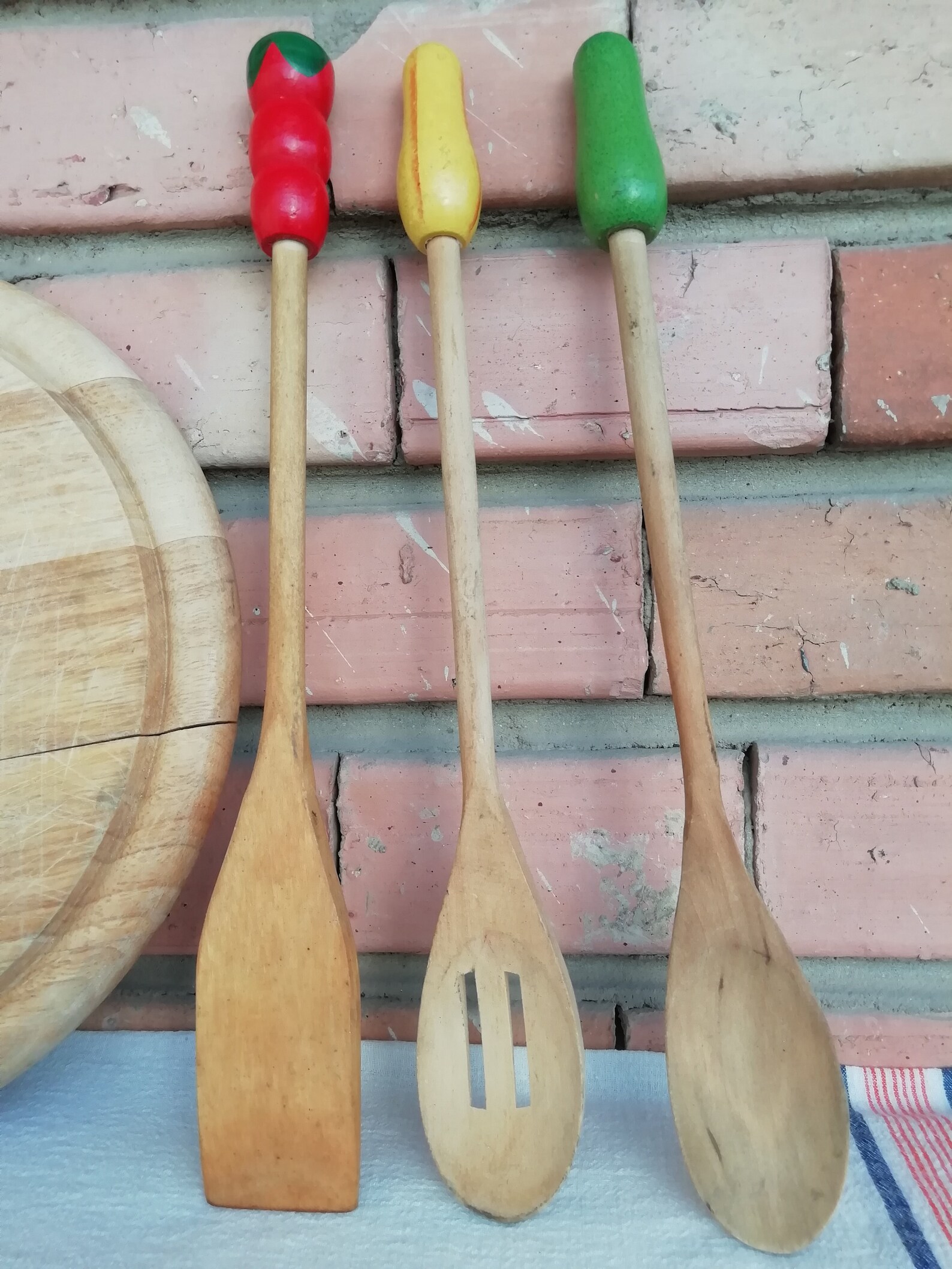 Vintage Round Cutting Board and 3 Wooden Kitchen Utensils | Etsy