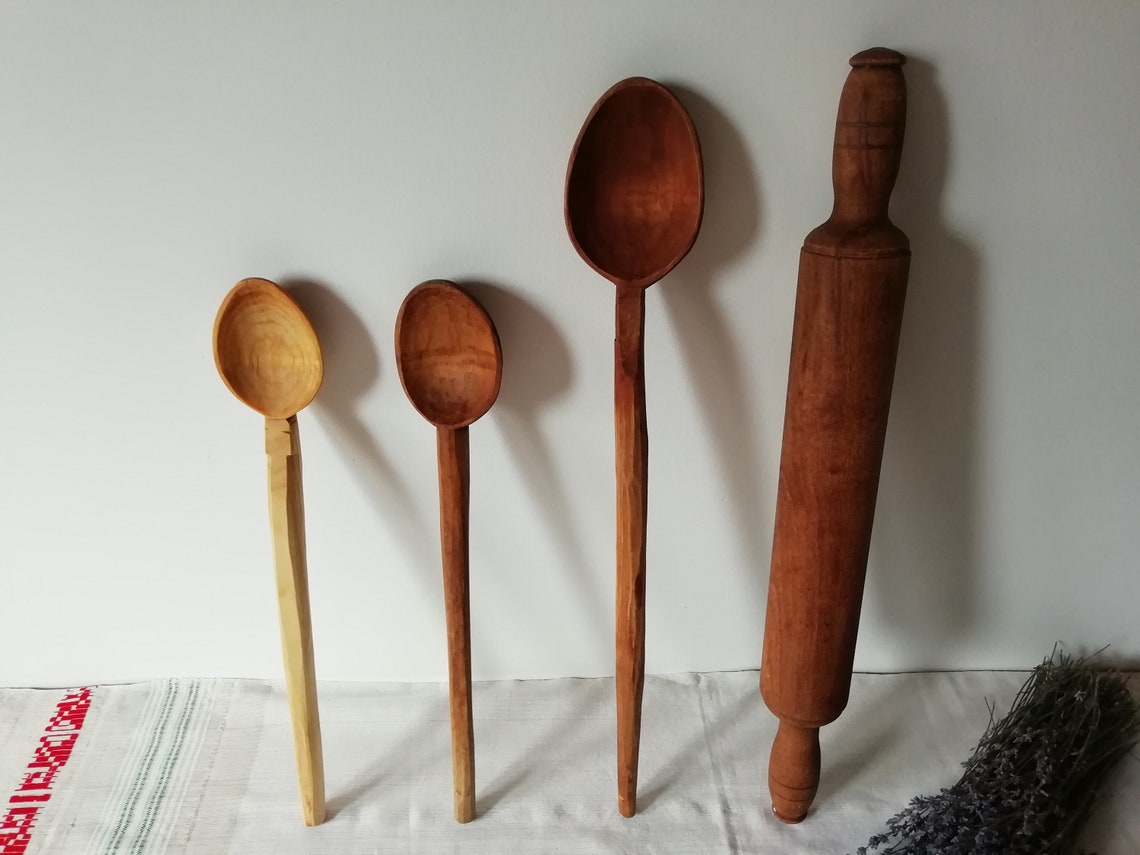 Set of 4 Large Primitive Wooden Kitchen Utensils Old Kitchen - Etsy