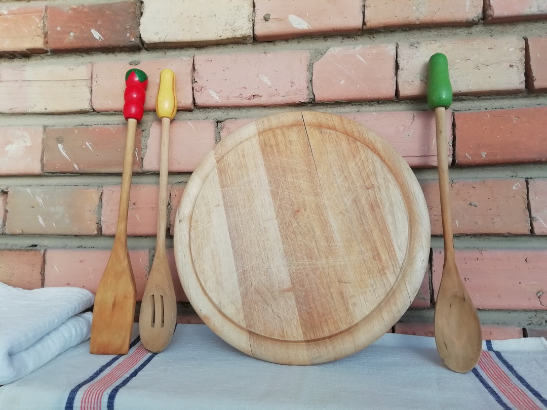 Vintage Round Cutting Board and 3 Wooden Kitchen Utensils, Rustic ...