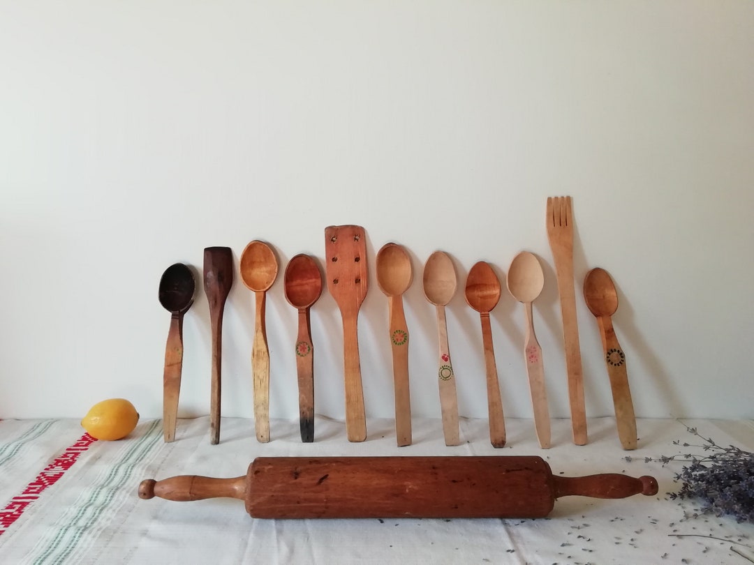 12 Vintage Wooden Kitchen Utensils: Wood Spoons Spatulas Rolling Pin ...