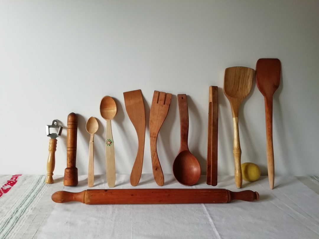 Vintage Wooden Kitchen Utensils, Old Rustic Wood Spoons Spatulas Fork ...