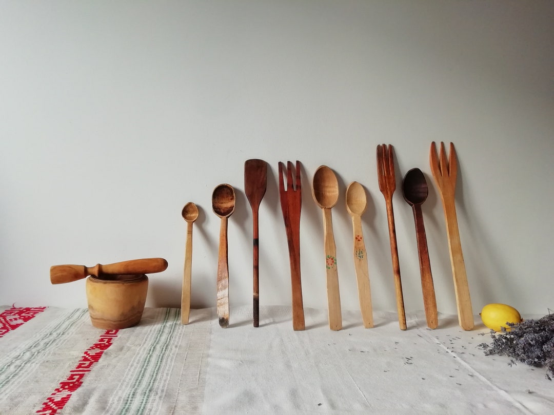 Vintage Wooden Kitchen Utensils Mix of 10, Hand Carved Rustic Spoons ...