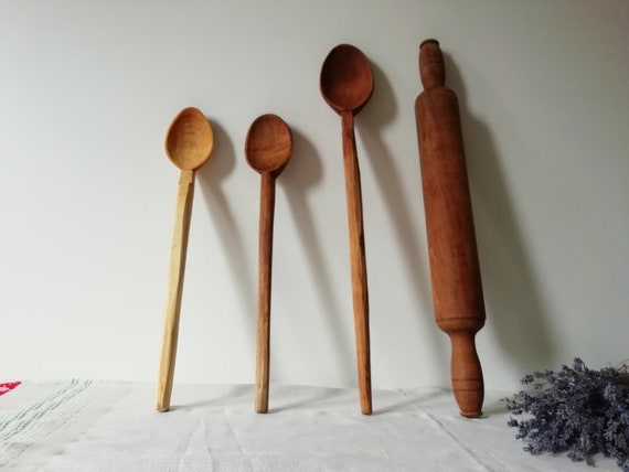Set of 4 Large Primitive Wooden Kitchen Utensils Old Kitchen - Etsy