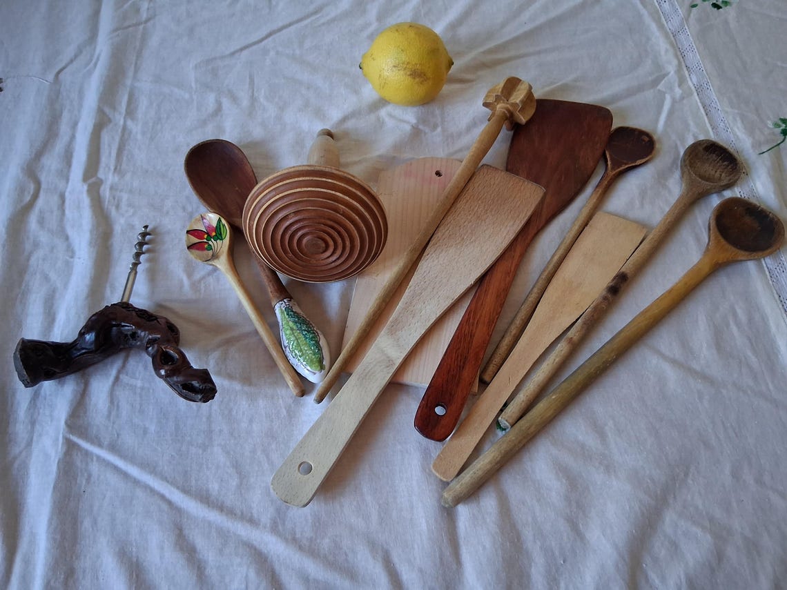 Mix of 12 Wooden Rustic Kitchen Utensils, Romanian Hand Carved Vintage ...