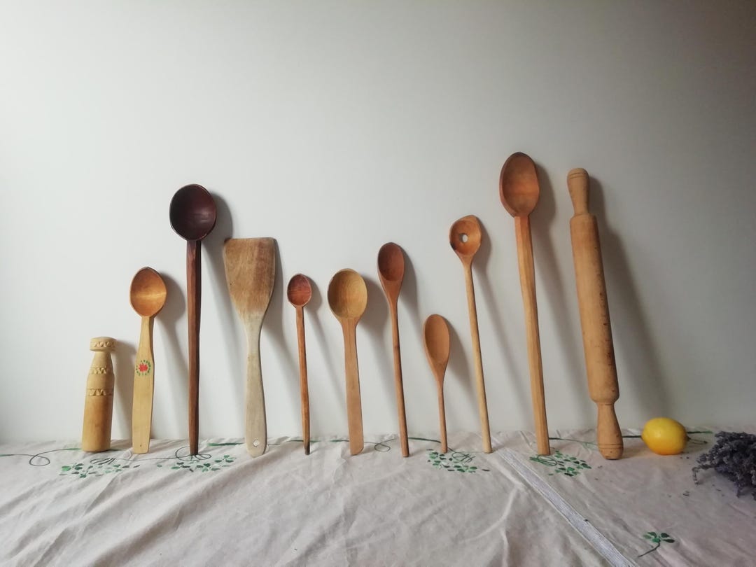Set of 11 Vintage Wooden Mixing Spoons Spatulas Rolling Pin, Old Wood ...
