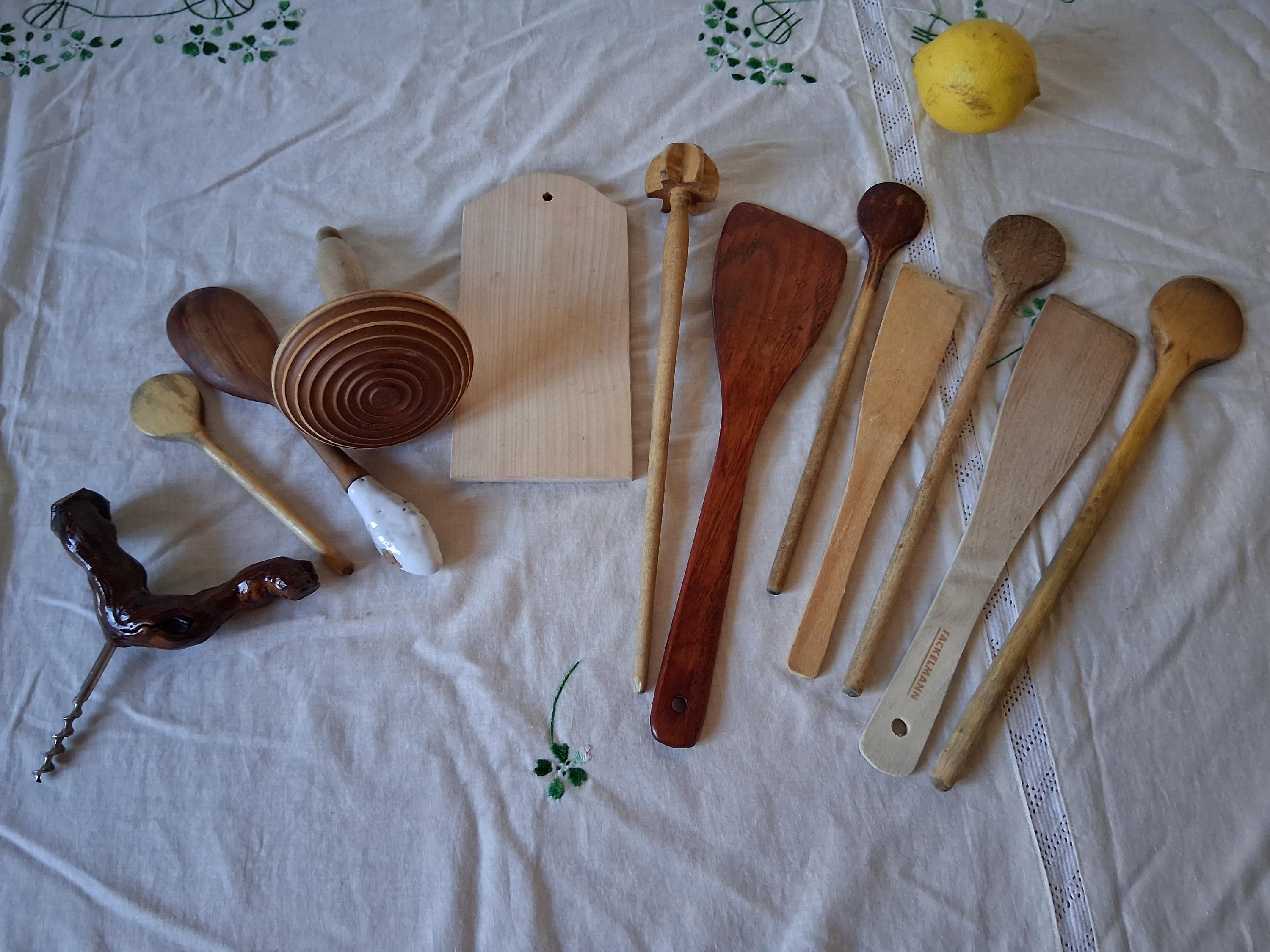 Mix of 12 Wooden Rustic Kitchen Utensils, Romanian Hand Carved Vintage ...