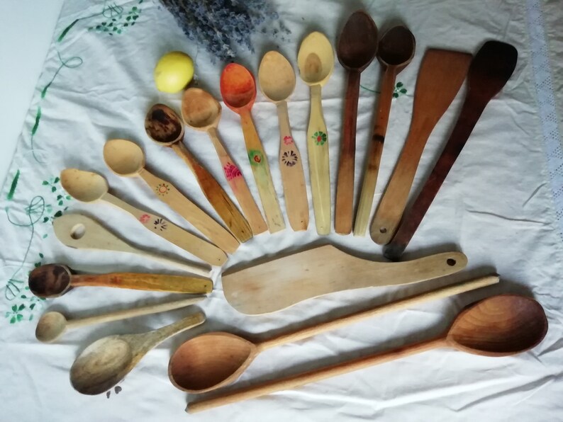 Lot of 18 Antique Wooden Kitchen Mixing Utensils Old Carved - Etsy