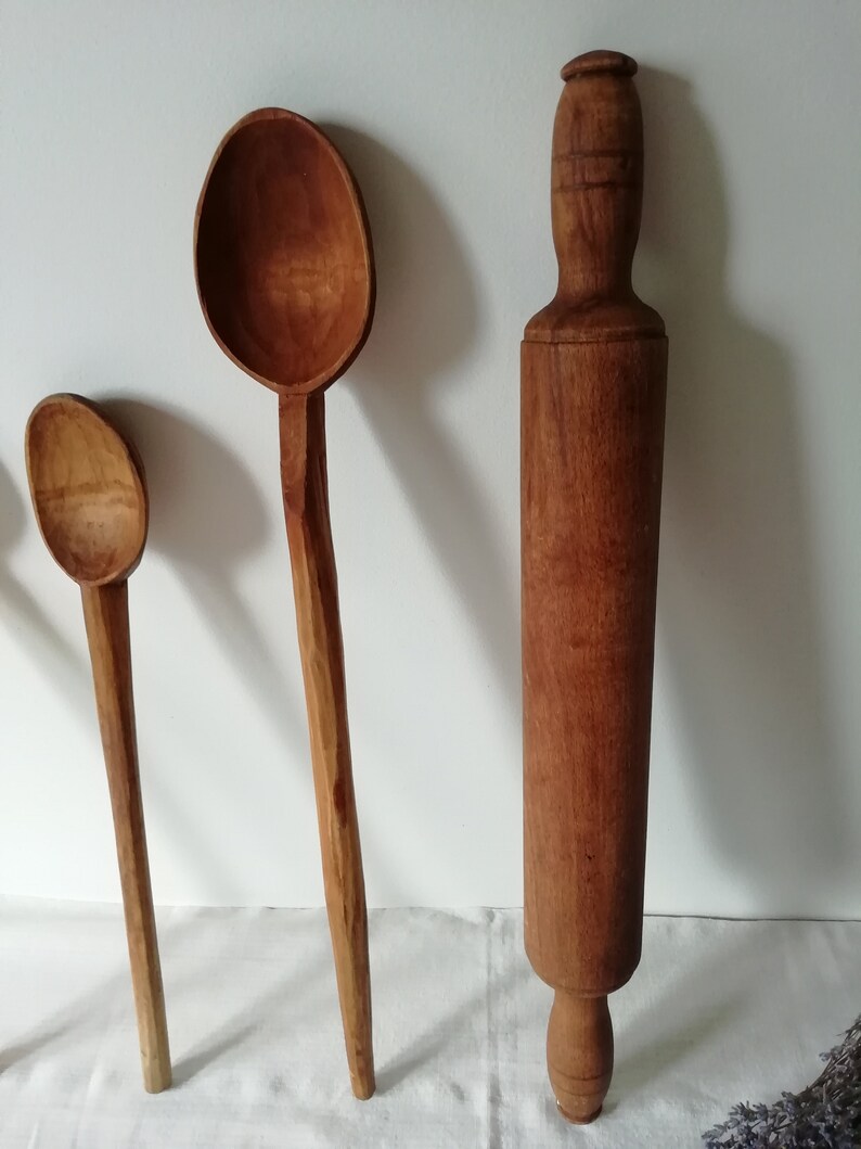 Set of 4 Large Primitive Wooden Kitchen Utensils Old Kitchen - Etsy