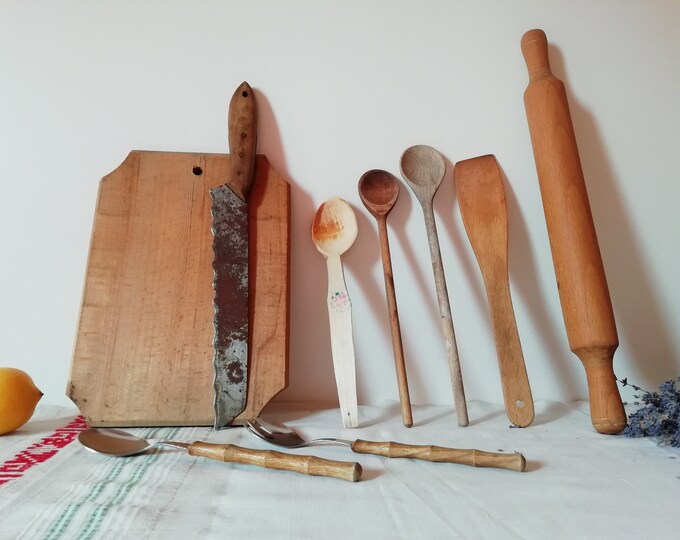 Wooden Rustic Kitchen Utensils Mix of 13, Romanian Hand Carved Vintage ...