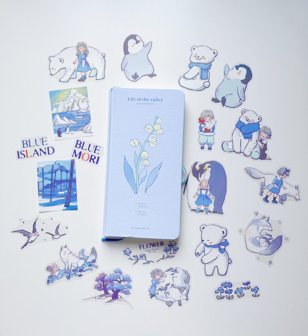 Blue-themed Sticker Pack: Nature's Harmony Girl, Polar Bear, Wolf ...