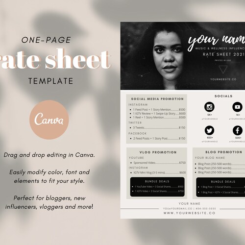Editable Influencer Rate Card Price Sheet Canva Template - Etsy