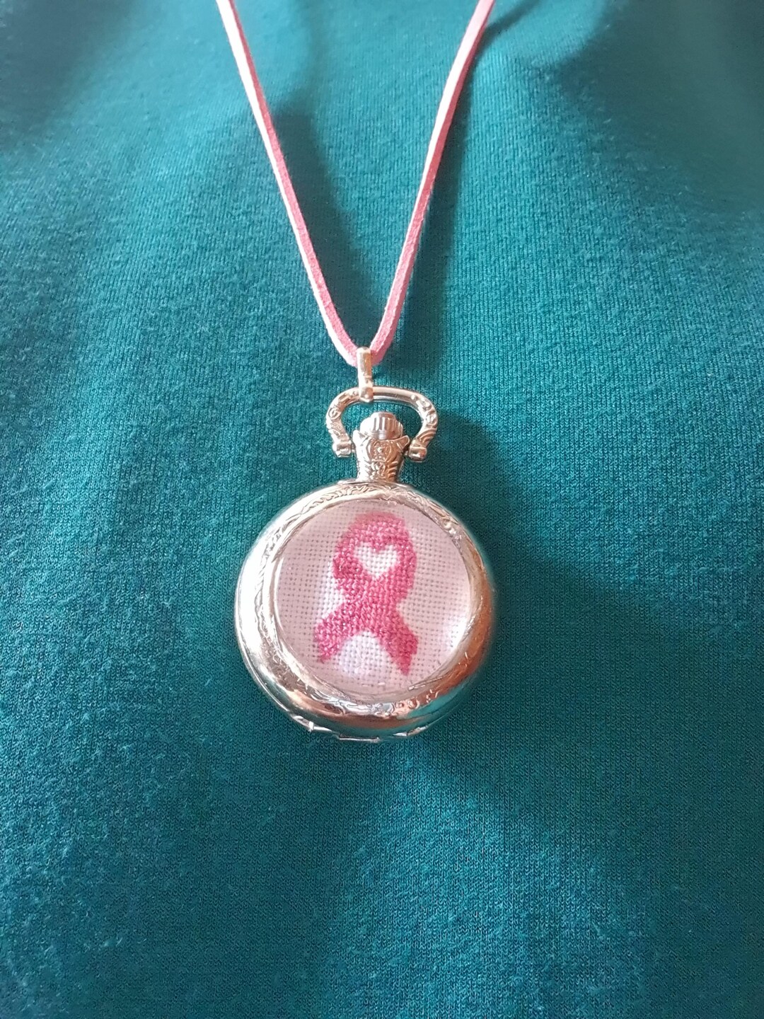 Pink Ribbon Embroidered Pocket Watch Microembroidery Pink October - Etsy