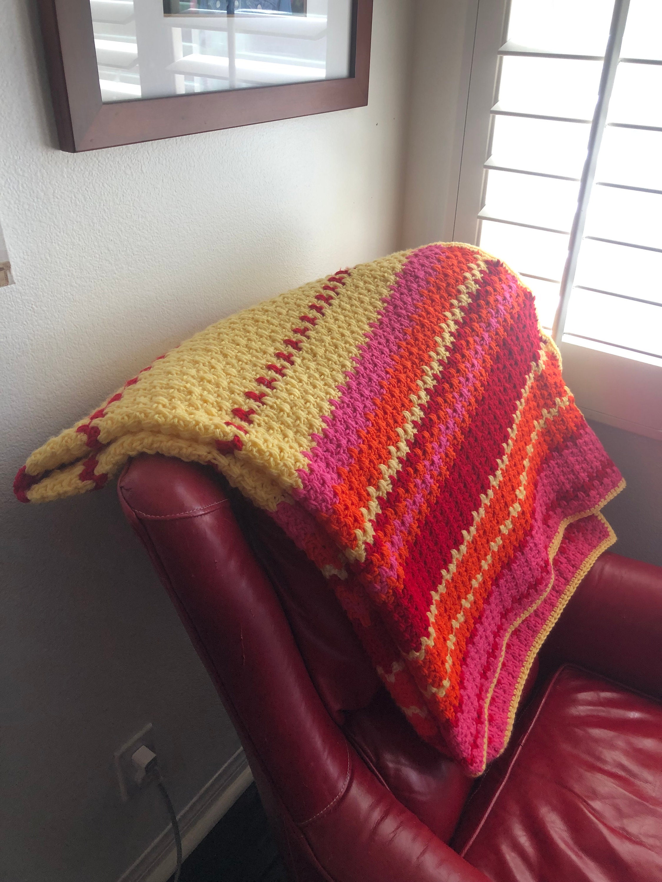 Southwestern Pink Yellow Red Orange Crochet Afghan Throw, Handmade ...