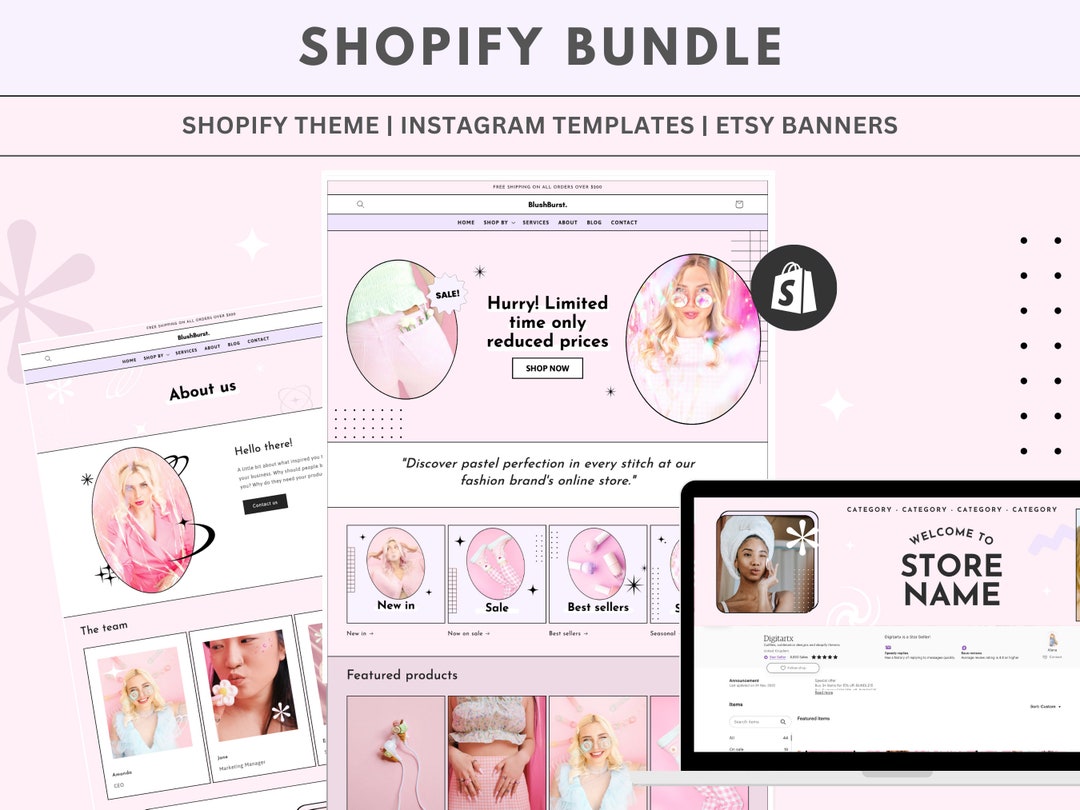 Pink Shopify Theme Bundle, Shopify Template, Pastel Shopify Theme Retro ...