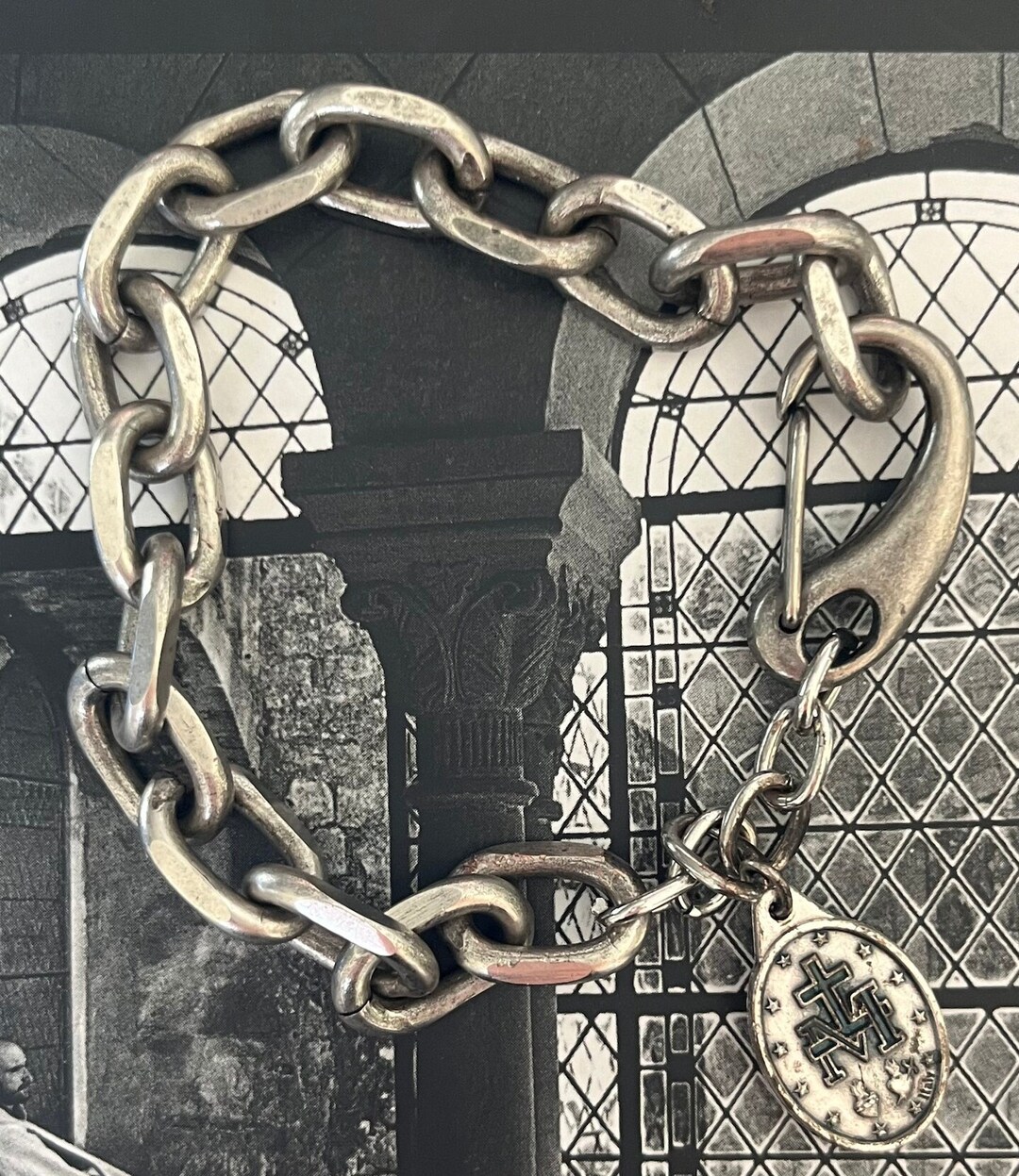 Men's Steel Consecration Chain Bracelet With Antique Ebony Crucifix or Vintage Miraculous Medal ...