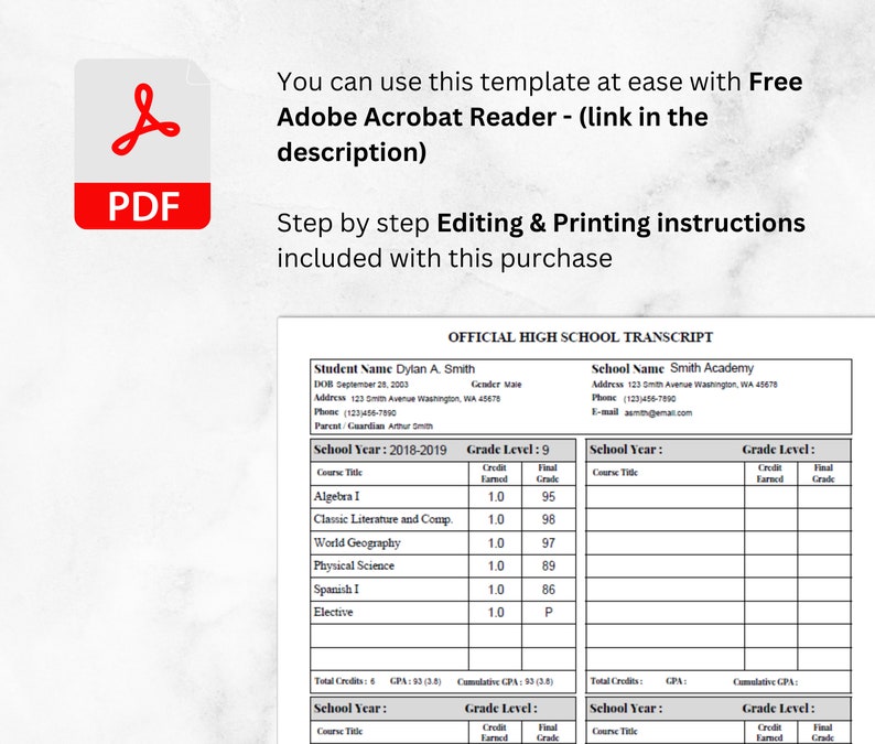 Fillable High School Transcript Template, Homeschool Report Card (PDF ...