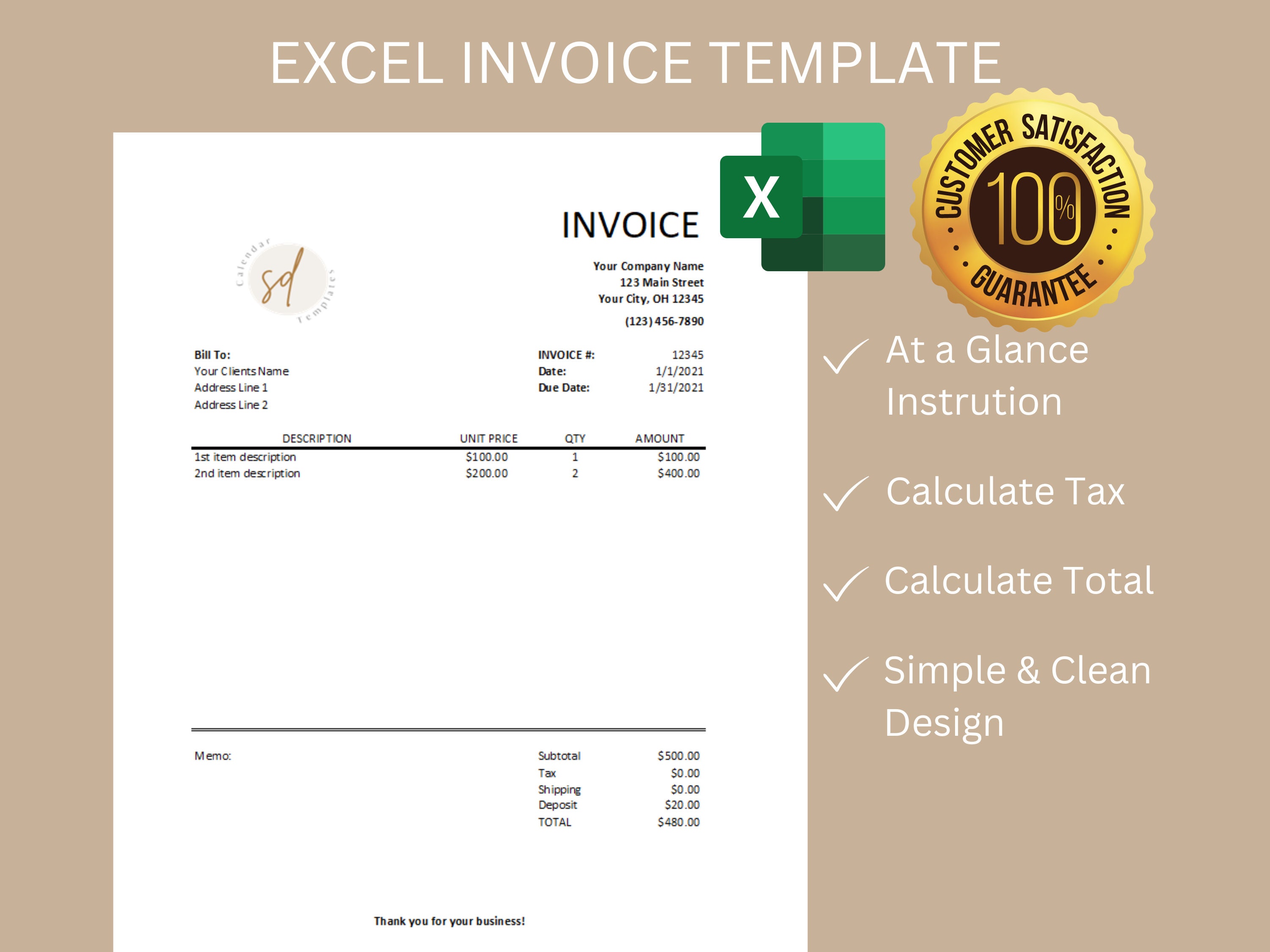 Excel Invoice Template for Small Business, Modern Simple Editable ...